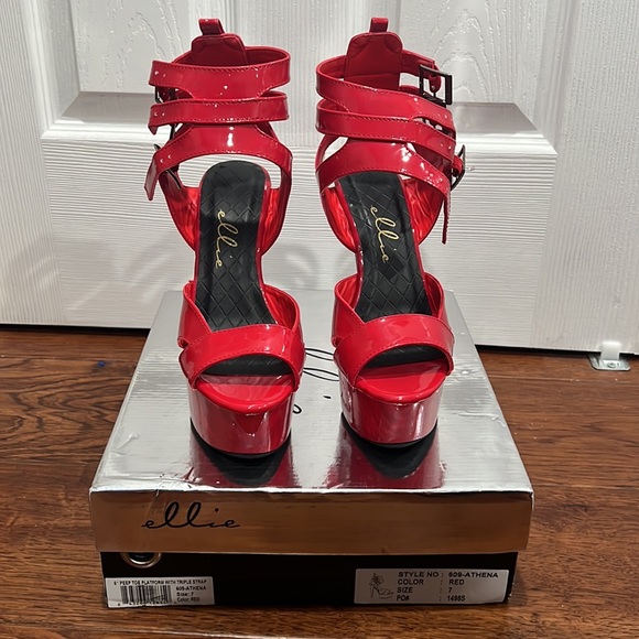 Ellie | Shoes | Red Patent Platform High Heels Clear Strap Open Toe ...